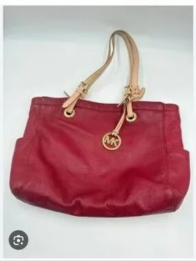 Michael Kors | Bags | Michael Kors Red Leather Tote With Tan Handles ...